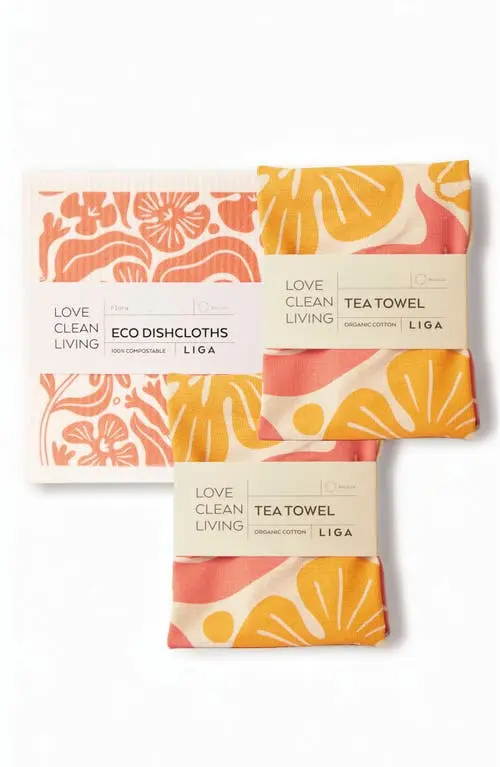 LIGA Tea Towels Set Of 2 + Dishcloths Set Of 2 - Flora