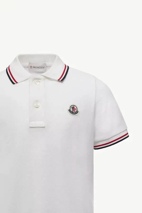 Moncler Tricolor Trim Cotton Piquet Polo Shirt - White