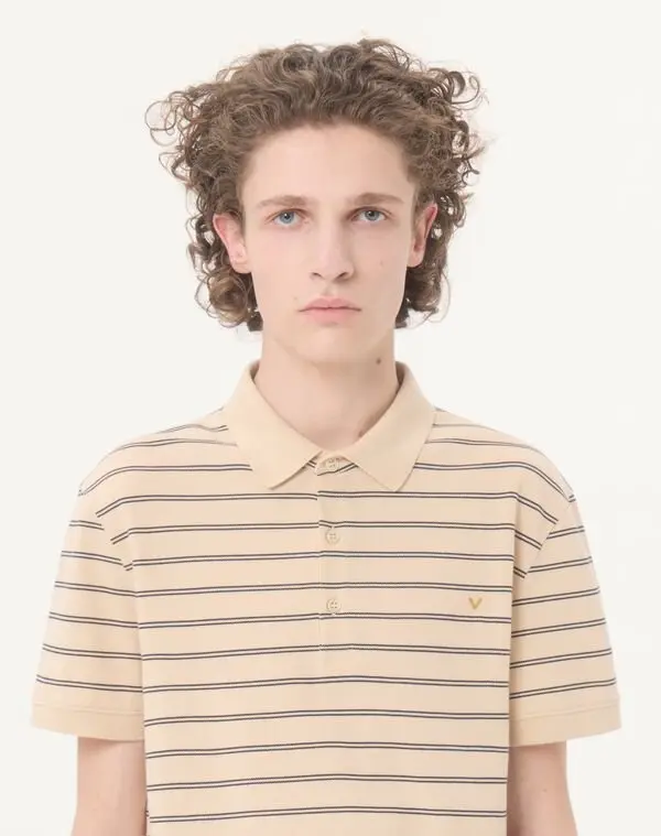 Valentino Garavani Cotton Pique Polo Shirt With Vgold Stripes