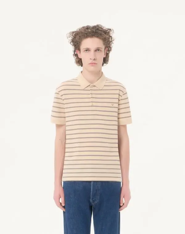 Valentino Garavani Cotton Pique Polo Shirt With Vgold Stripes
