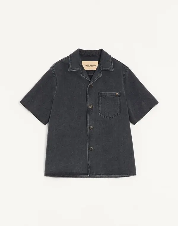 Valentino Garavani Denim Bowling Shirt With Vgold - Black