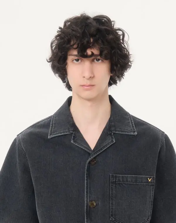 Valentino Garavani Denim Bowling Shirt With Vgold - Black