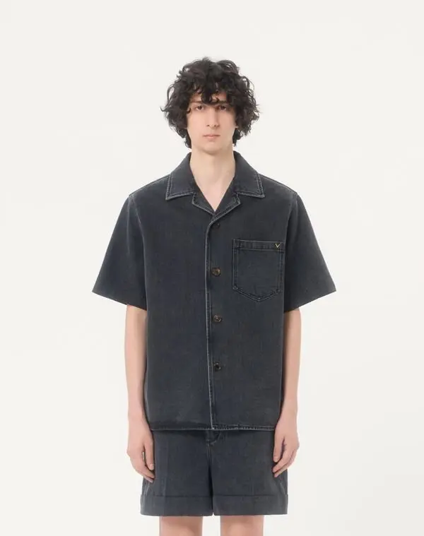 Valentino Garavani Denim Bowling Shirt With Vgold - Black