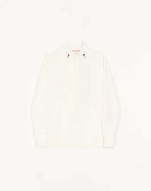 Valentino Garavani Cotton Poplin Shirt With Pleated Plastron And Embroidery On The Collar - White
