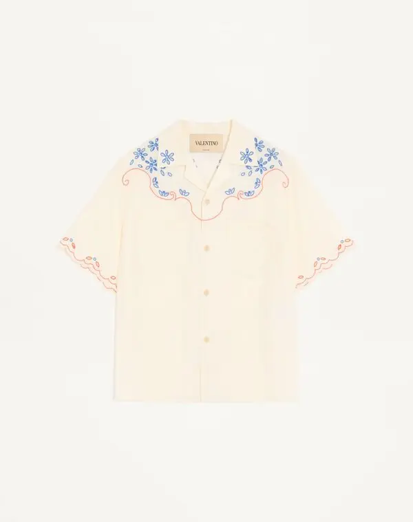 Valentino Garavani Linen Bowling Shirt In San Gallo With Vlogo Embroidery - Latte