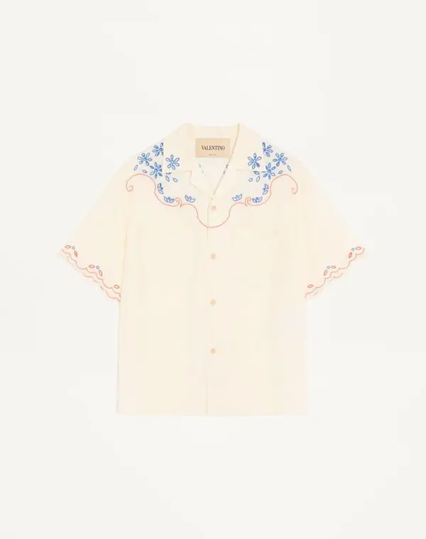 Valentino Garavani Linen Bowling Shirt In San Gallo With Vlogo Embroidery - Latte