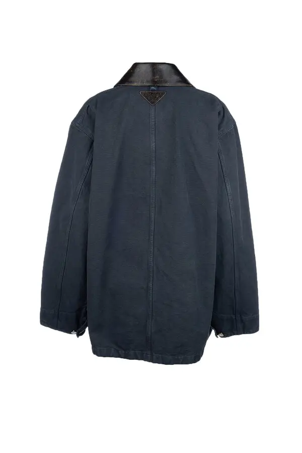 Prada Canvas Work Jacket With Leather Collar - Blue