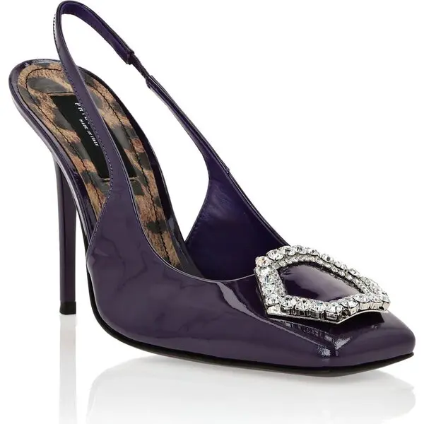 Philipp Plein Patent Leather Crystal Embellished Slingback Heels - Purple