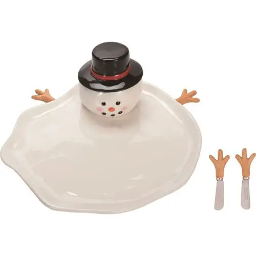 TRANSPAC Dolomite Christmas Melted Snowman Plate Set Of 4 Trays - White