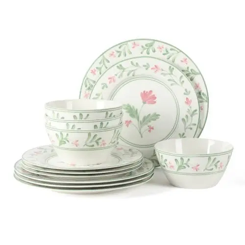 MARTHA STEWART Maiden Crown 12-piece Vegan Bone China Dinnerware Set, Floral Plates & Bowls - Multicolor