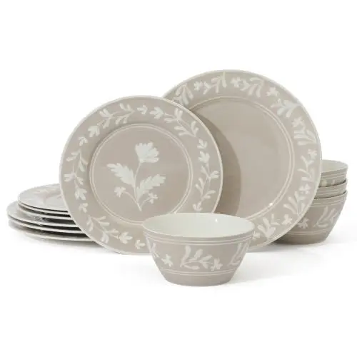 MARTHA STEWART Maiden Crown 12-piece Vegan Bone China Dinnerware Set, Floral Plates & Bowls - Taupe