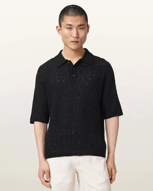 ALLSAINTS Cyclone Short Sleeve Cable Polo - Black
