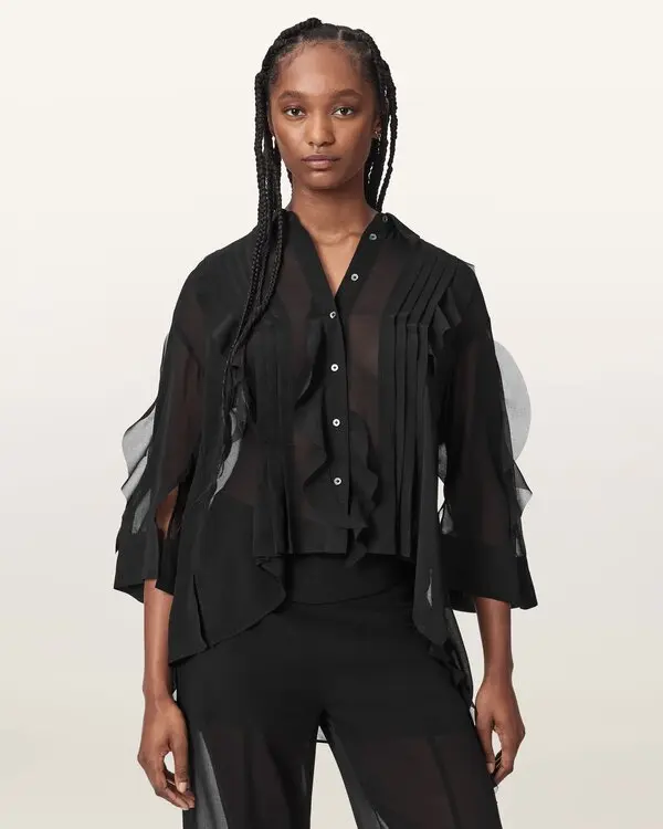 ALLSAINTS Minna Sheer Frill Shirt - Black