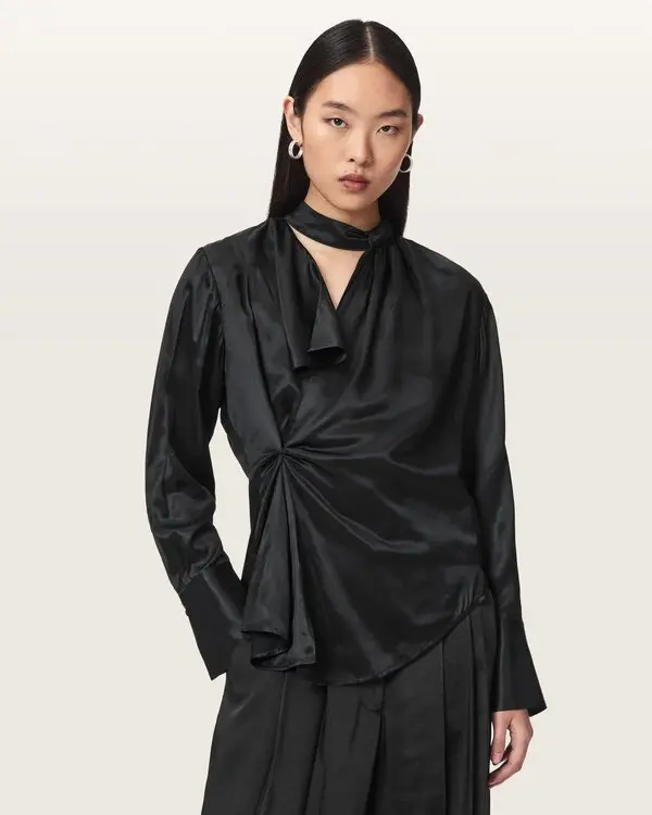 ALLSAINTS Zellie Silk Blend Pleated Top - Black