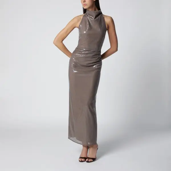 ROTATE BY BIRGER CHRISTENSEN Long Sequin Halterneck Gown With Back Slit - Beige