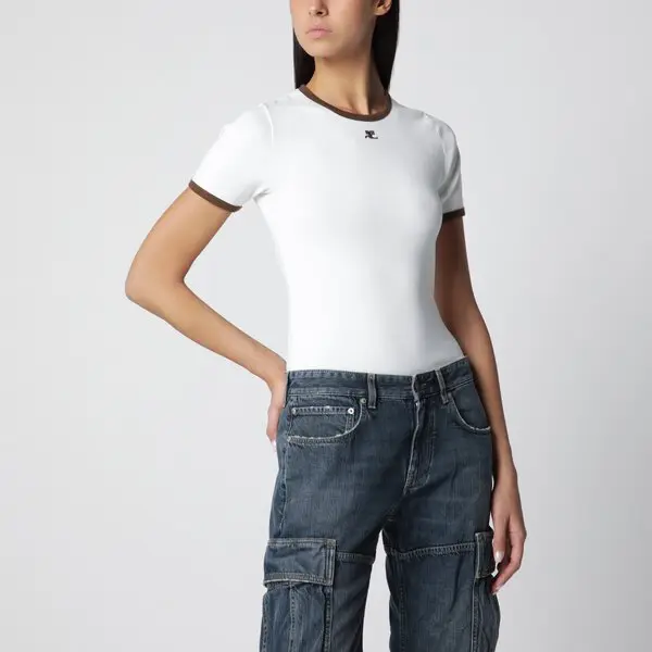 COURREGES Brown Cotton T-shirt With Contrast Crew Neck - White