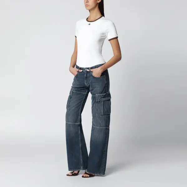 COURREGES Brown Cotton T-shirt With Contrast Crew Neck