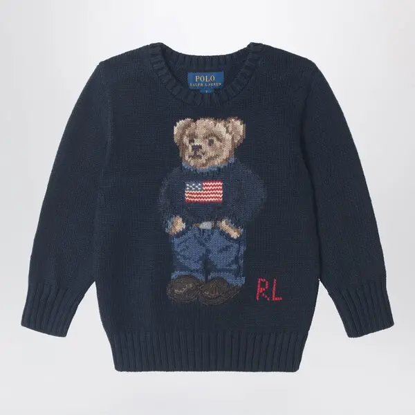 Polo Ralph Lauren Navy Cotton Sweater With Polo Bear Intarsia - Blue