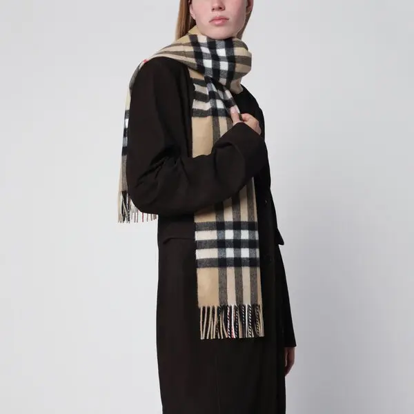 Burberry Cashmere Scarf With Check Motif - Beige