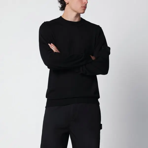 Stone Island Virgin Wool Crew-neck Sweater With Compass Logo Badge - Black