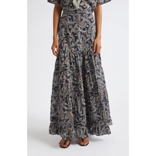 Veronica Beard Heatheralyn Paisley Tiered Cotton Skirt - Navy Multi