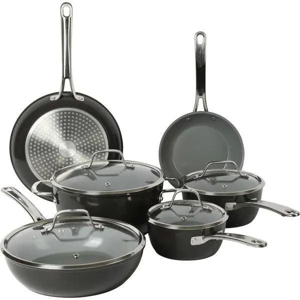 SUR LA TABLE KITCHEN ESSENTIALS Titanium Ceramic Nonstick Forged Aluminum Cookware Pots & Pans Set With Tempered Glass Lids