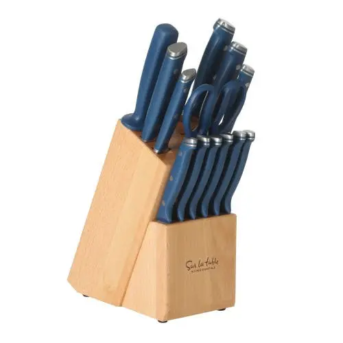 SUR LA TABLE KITCHEN ESSENTIALS 14-piece German Steel Forged Knife Block Set With Beechwood Block - Blue