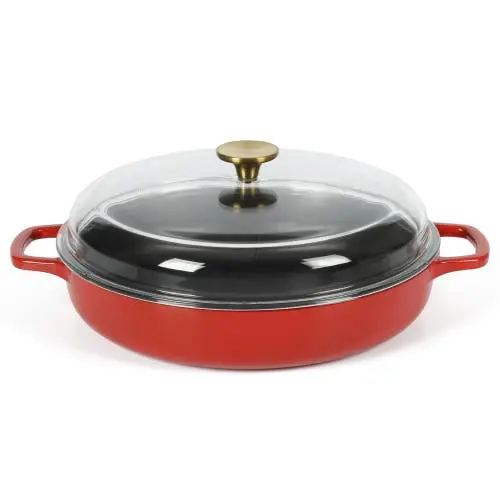 SUR LA TABLE KITCHEN ESSENTIALS Enameled Cast Iron 7-in-1 Multipurpose Braiser Pan With Borosilicate Glass Lid - Red