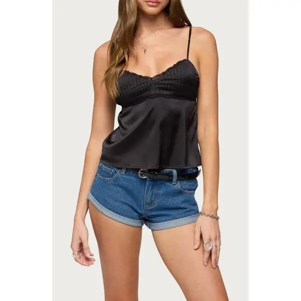 EDIKTED Blanca Satin Lace Trim Camisole - Black