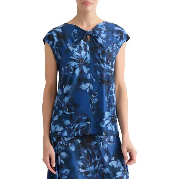 KASPER Floral Print Knit Keyhole Bow Top
