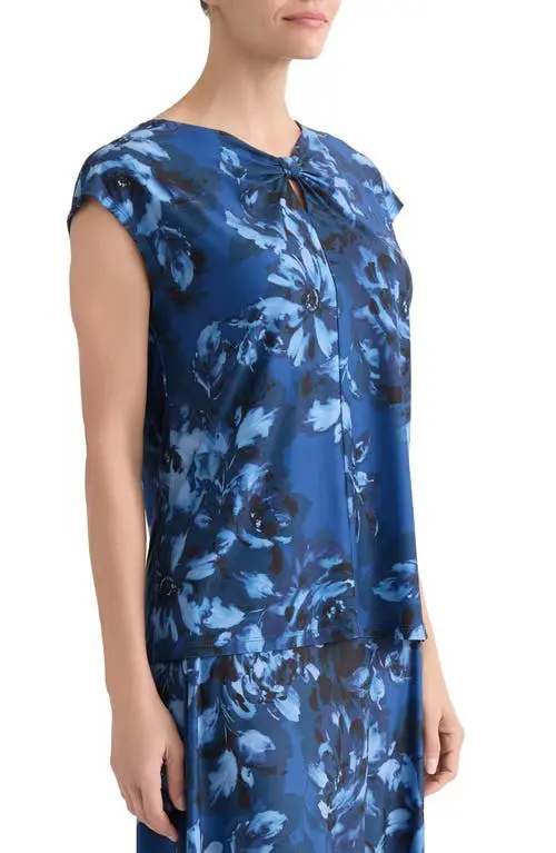 KASPER Floral Print Knit Keyhole Bow Top