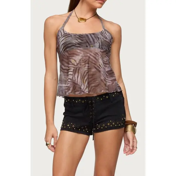 EDIKTED Tiger Print Mesh Halter Top - Brown