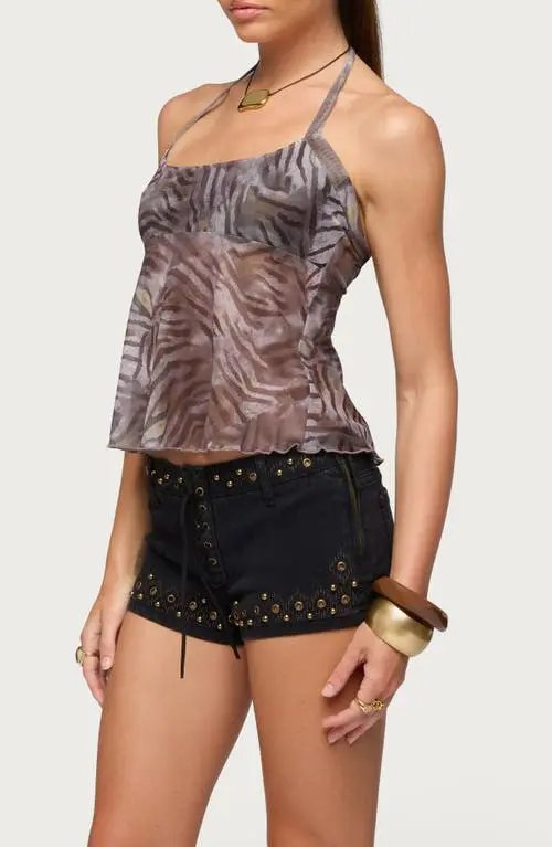 EDIKTED Tiger Print Mesh Halter Top