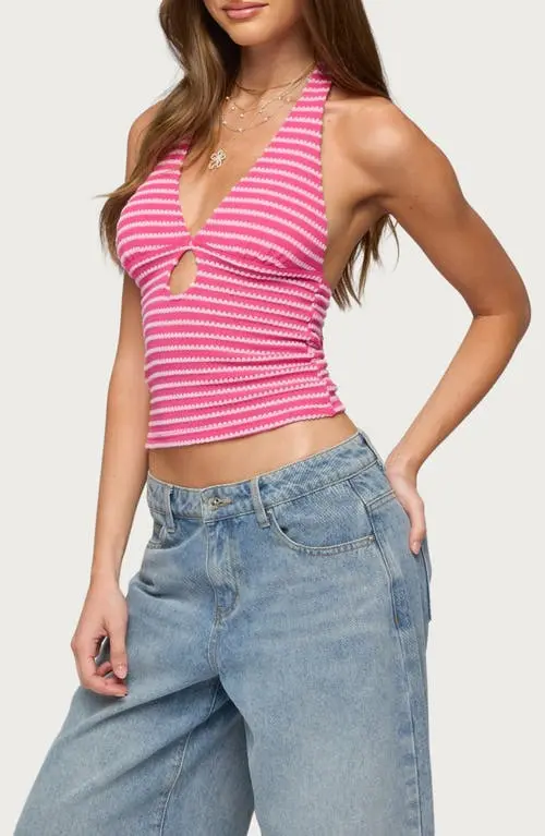 EDIKTED Maylah Stripe Knit Keyhole Halter Top