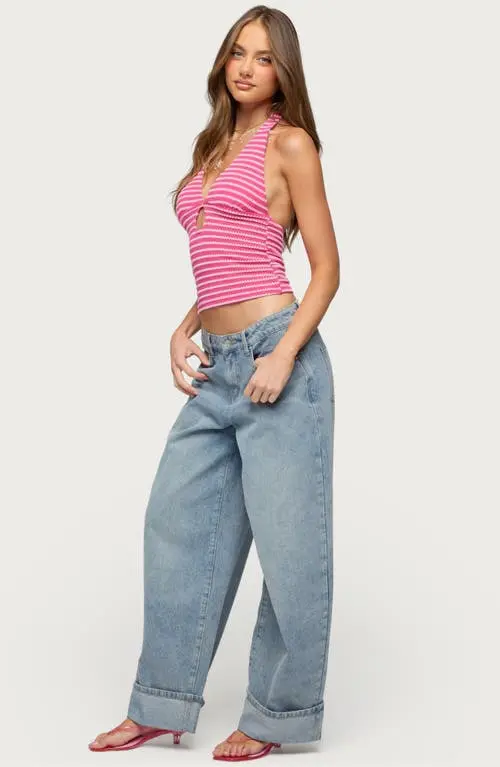 EDIKTED Maylah Stripe Knit Keyhole Halter Top