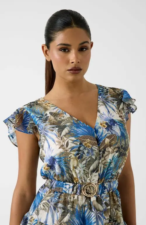 Guess Tropical Print Ruffle Minidress With Logo Hardware Belt