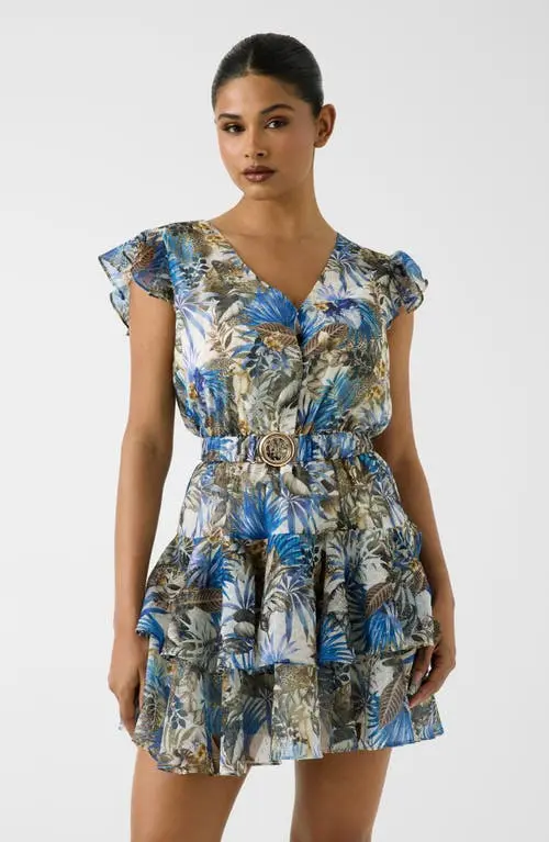 Guess Tropical Print Ruffle Minidress With Logo Hardware Belt