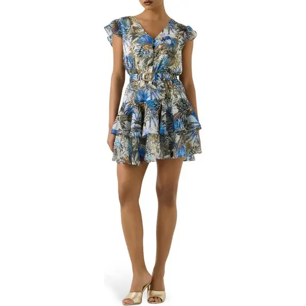 Guess Tropical Print Ruffle Minidress With Logo Hardware Belt - Open Blue