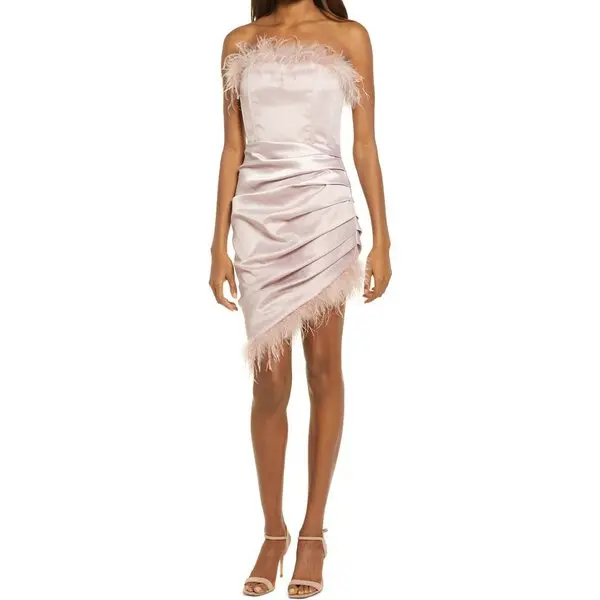 LAVISH ALICE Feather Detail Strapless Satin Dress