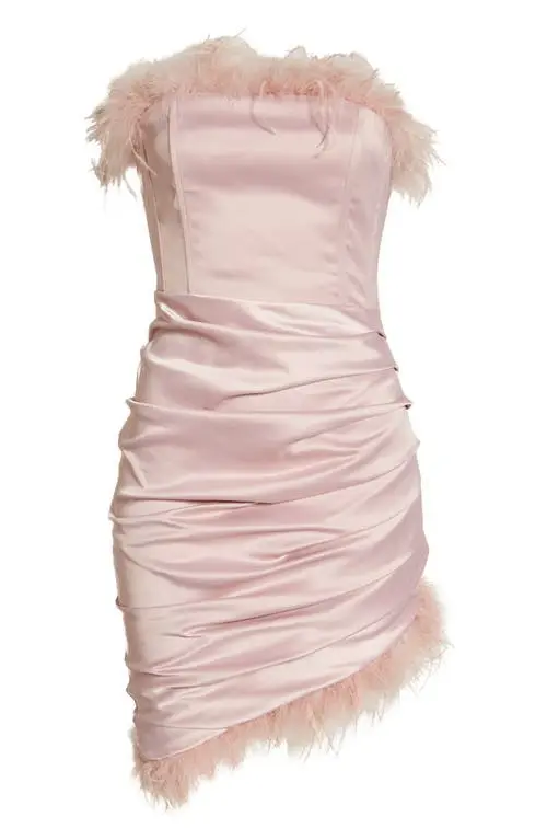 LAVISH ALICE Feather Detail Strapless Satin Dress
