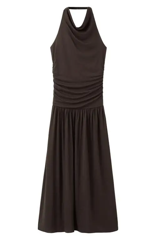 Mango Osana Ruched Drop Waist Halter Midi Dress - Brown