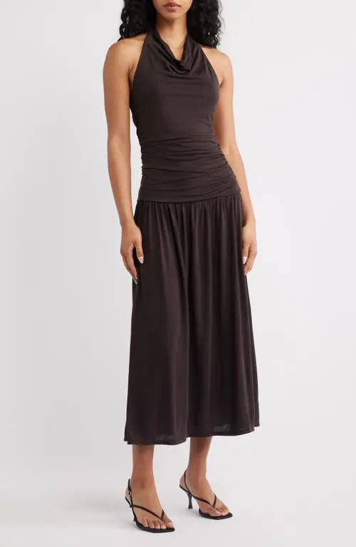 Mango Osana Ruched Drop Waist Halter Midi Dress - Brown