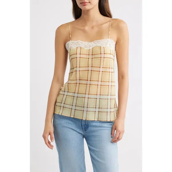 Mango Plaid Lace Trim Camisole Top - Yellow