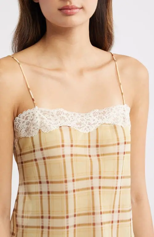 Mango Plaid Lace Trim Camisole Top