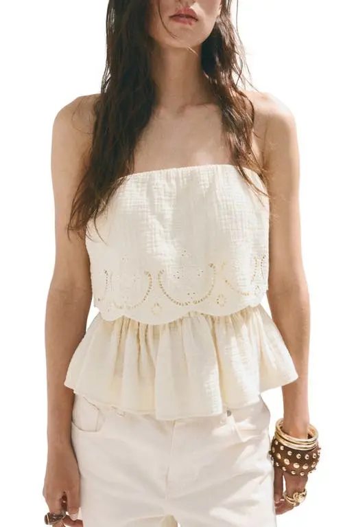 Mango Maui Openwork Embroidered Strapless Gauze Peplum Top - Ecru