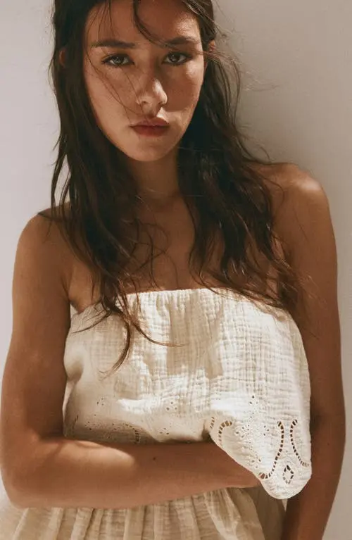 Mango Maui Openwork Embroidered Strapless Gauze Peplum Top