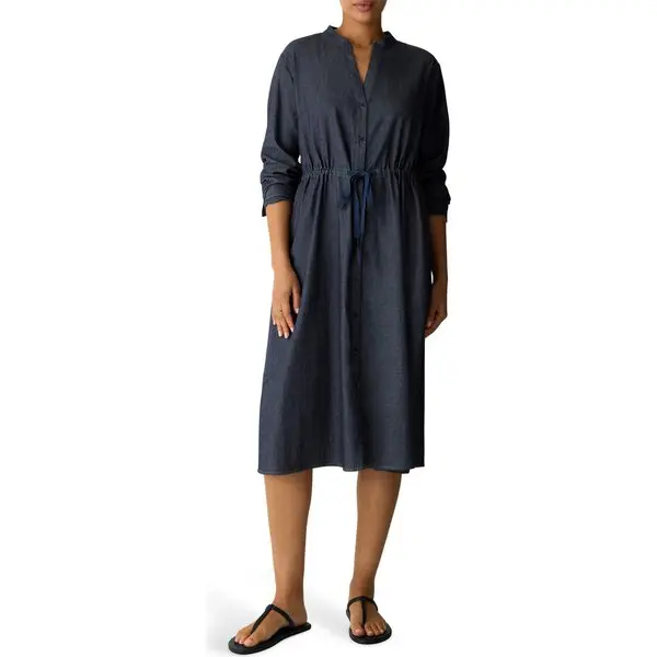 Eileen Fisher Organic Cotton Midi Shirtdress With Drawstring Waist - Denim