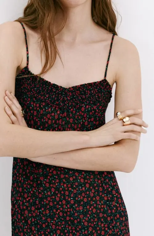 Mango Floral Print Smocked Sleeveless Midi Dress