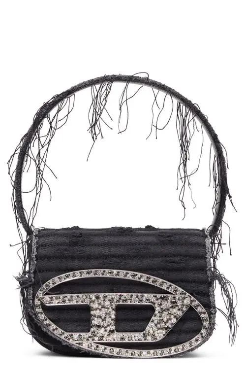 DIESEL® 1dr Distressed Denim Shoulder Bag With Crystal Embellishments - Black
