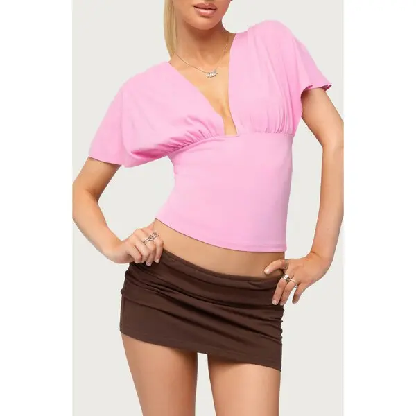 EDIKTED Flutter Sleeve Plunge Neck Crop Top - Pink